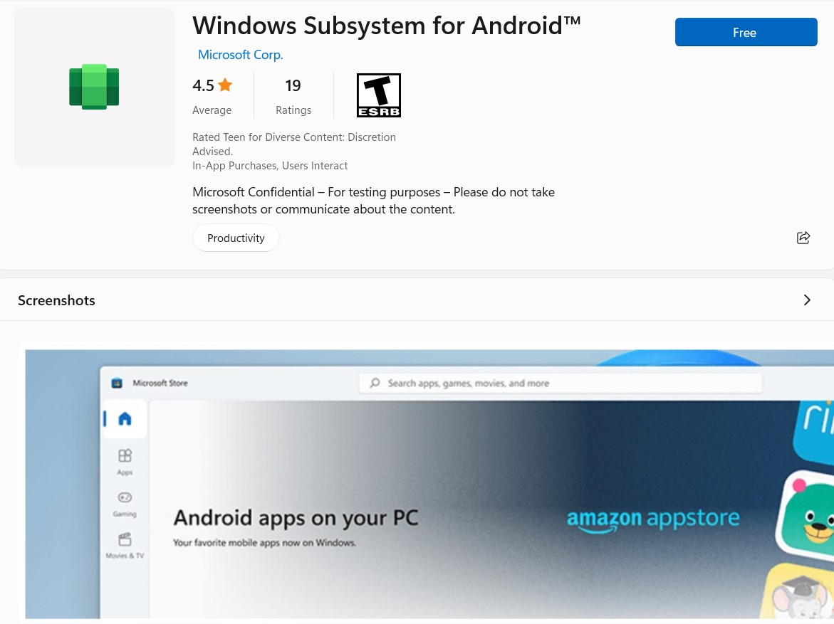 Android Subsystem for Windows placeholder app appears in the Microsoft ...